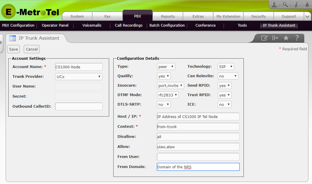 SIP Trunking between Nortel CS1000 and UCX – Documentation E-MetroTel