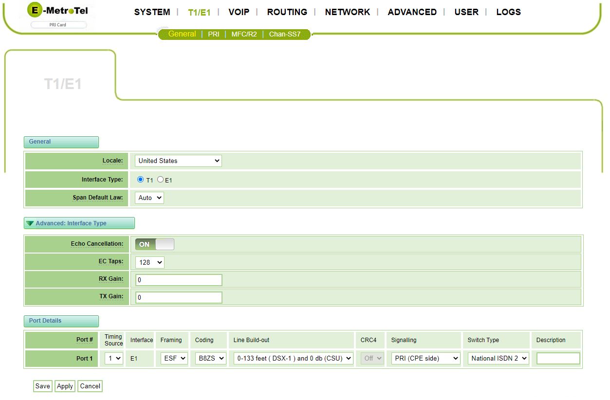 PRI Card – General Configuration – Documentation E-MetroTel